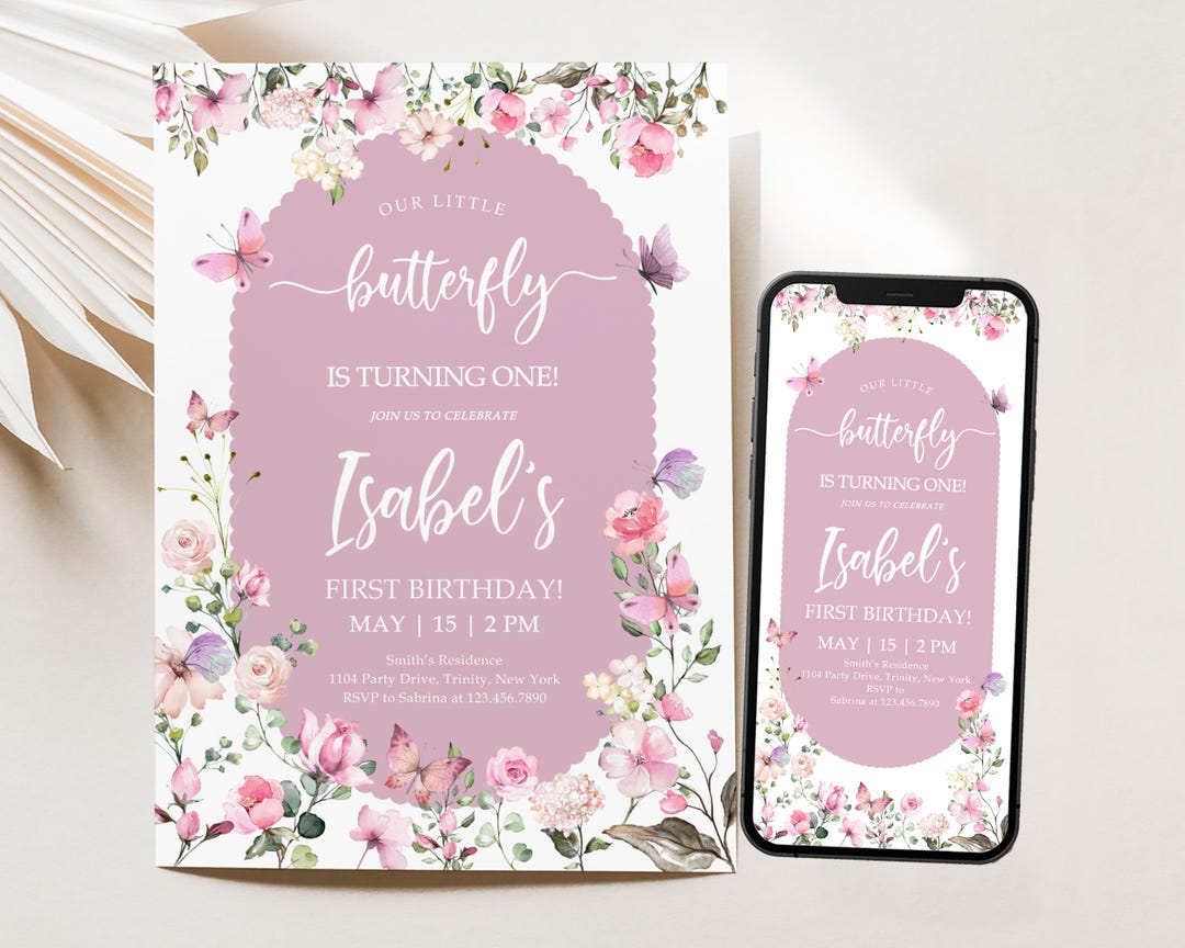 Editable Pink Purple Butterfly Birthday Invitation, A Little Butterfly ...
