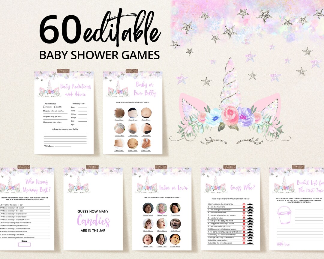 Editable Unicorn Baby Shower Game Bundle, Unicorn Baby Shower Game Pack ...