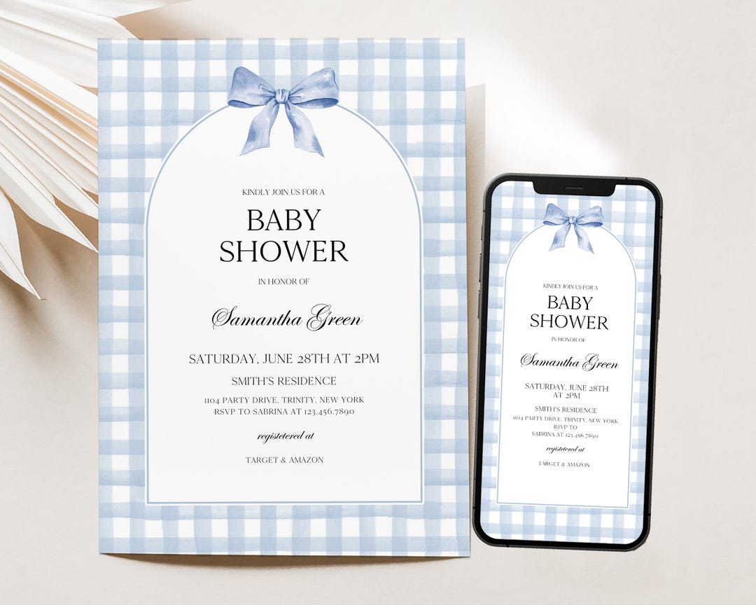 Editable Blue Baby Shower Invitation, Blue Bow Boy Baby Shower Invite ...
