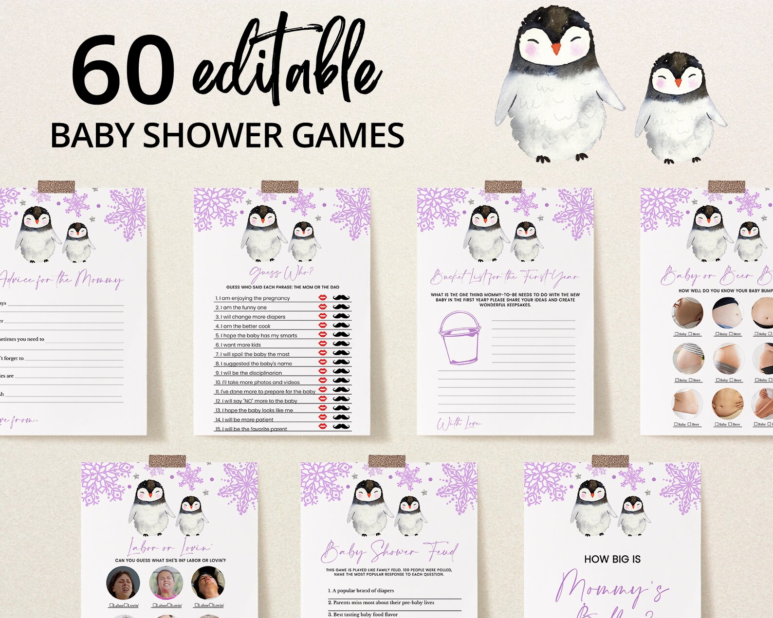 Editable Winter Penguin Baby Shower Game Bundle Purple - Etsy