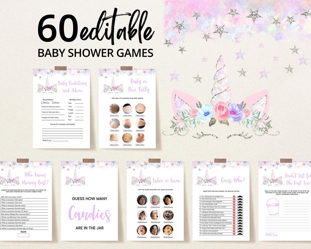 Editable Unicorn Baby Shower Game Bundle, Unicorn Baby Shower Game Pack ...