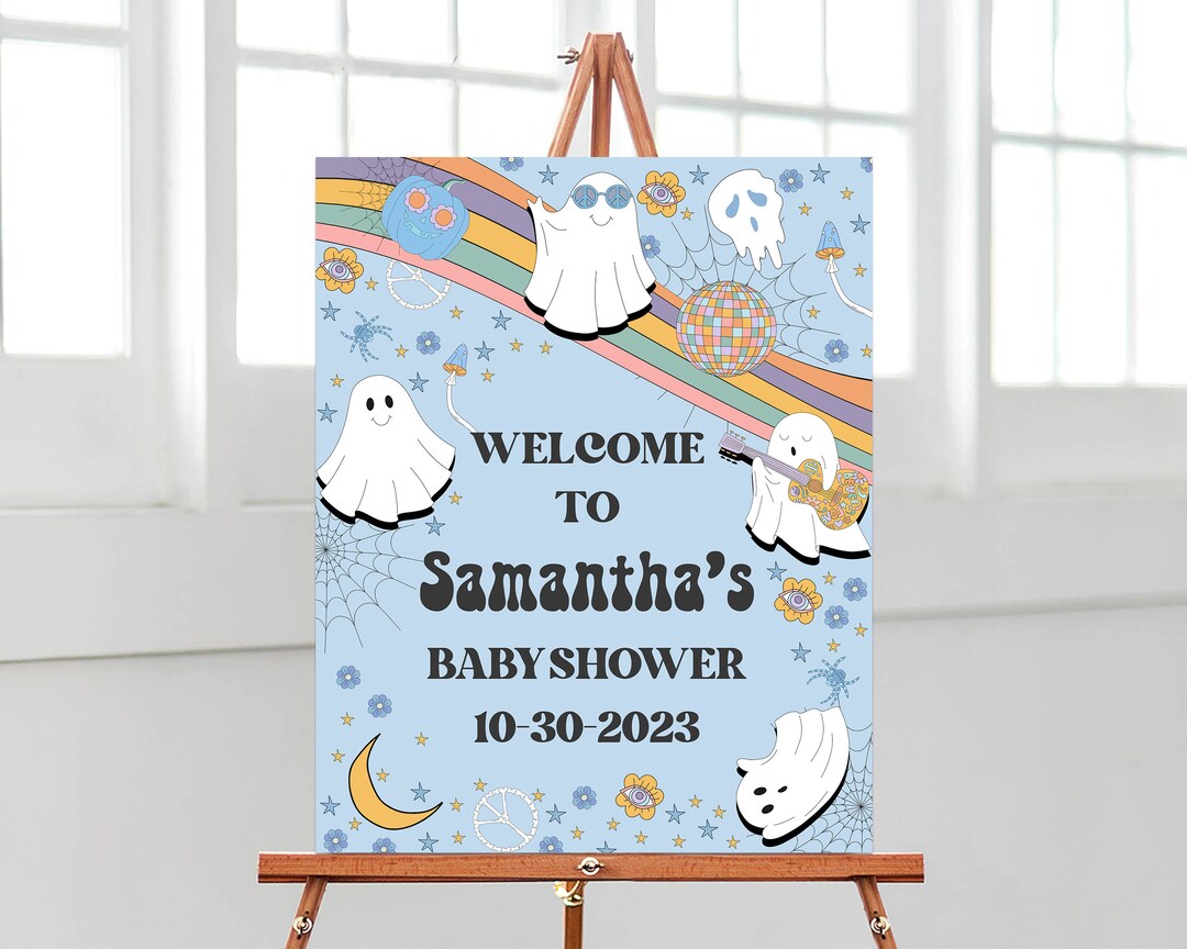 Editable Groovy Little Boo Baby Shower Welcome Sign, Boy Hippie ...