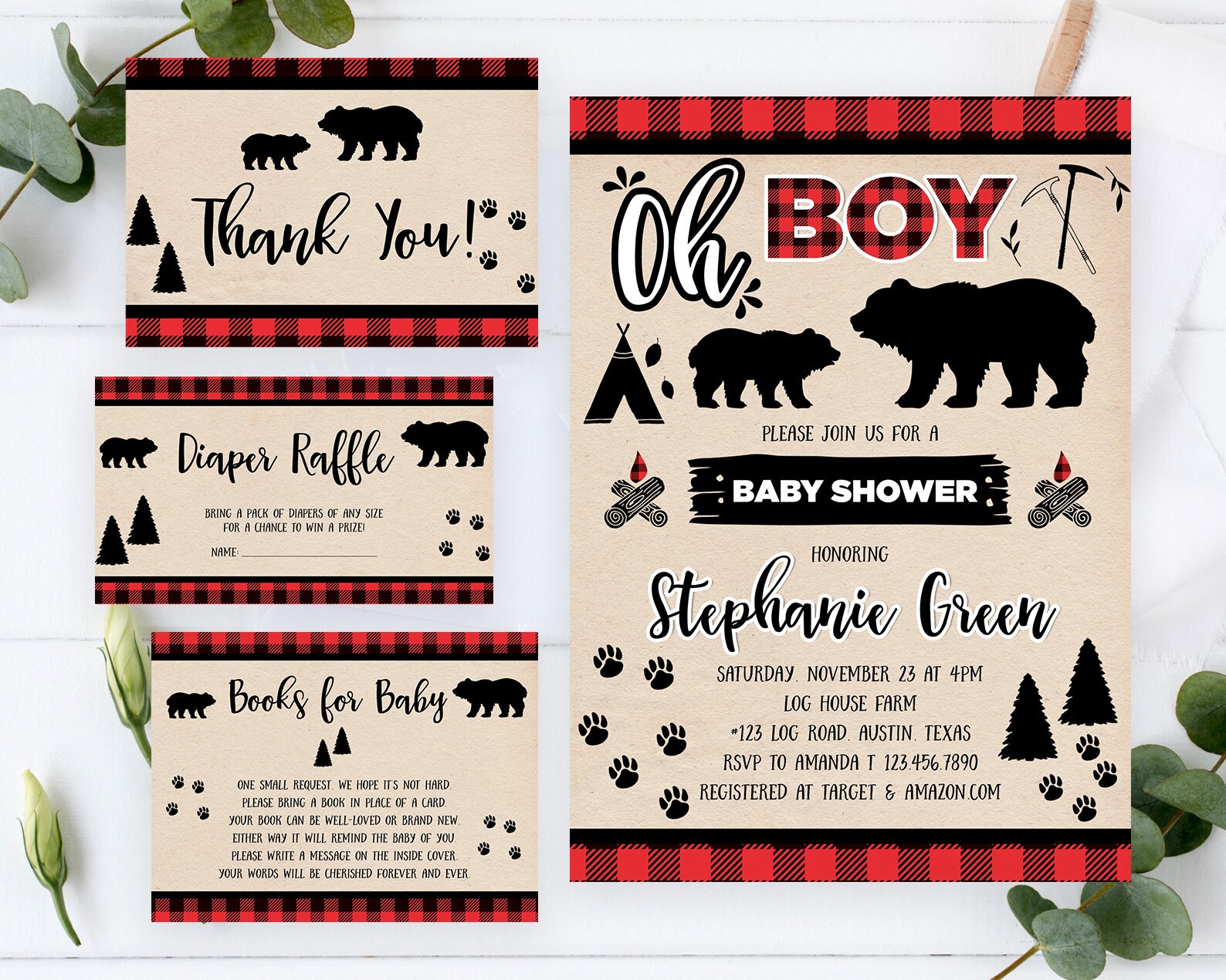 Editable Oh Boy Lumberjack Baby Shower Invitation Bundle Red - Etsy