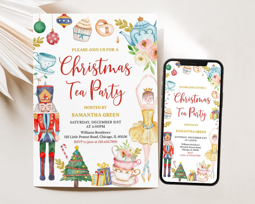 Editable Christmas Tea Party Invitation, Holiday Tea Party Digital ...