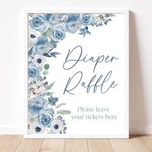 Diaper Raffle Sign Boy Baby in Bloom Baby Shower, Blue Spring Flowers ...