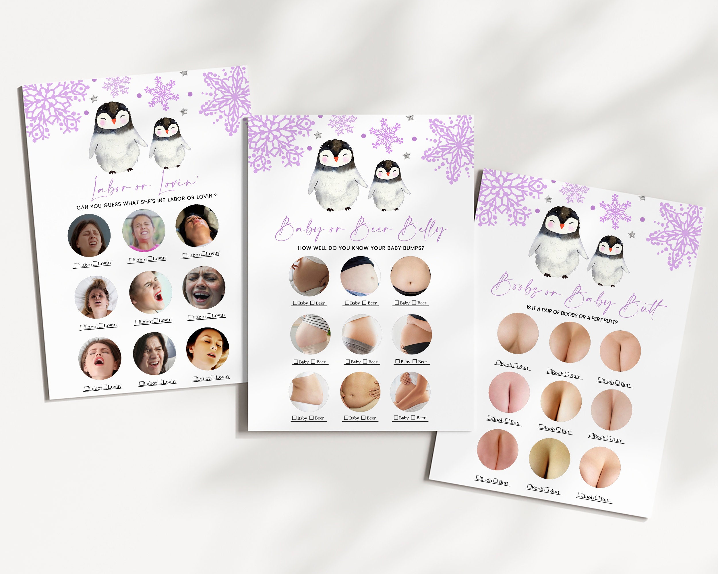 Editable Winter Penguin Baby Shower Game Bundle, Purple Snowflakes ...