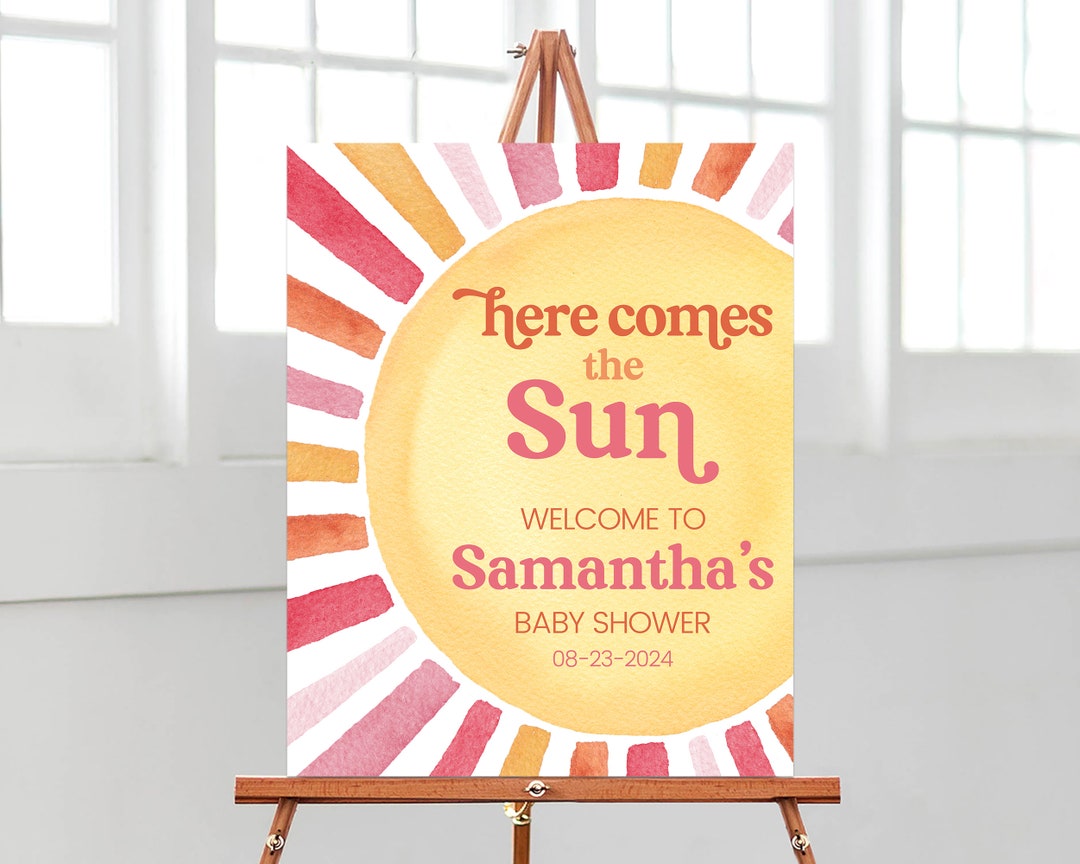 Editable Pink Sunshine Baby Shower Welcome Sign, Here Comes the Sun ...