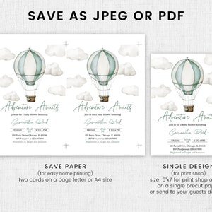 Editable Adventure Awaits Baby Shower Invitation, Green Hot Air Balloon Baby Shower Invite ...