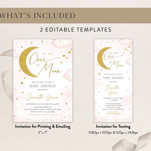 Editable Pink We Are Over the Moon Baby Shower Invitation Pack, Twinkle ...