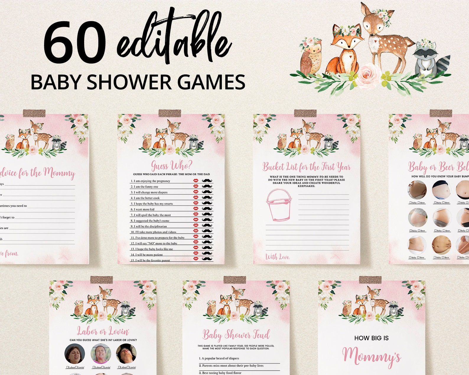 Editable Girl Floral Woodland Baby Shower Game Bundle Girl - Etsy