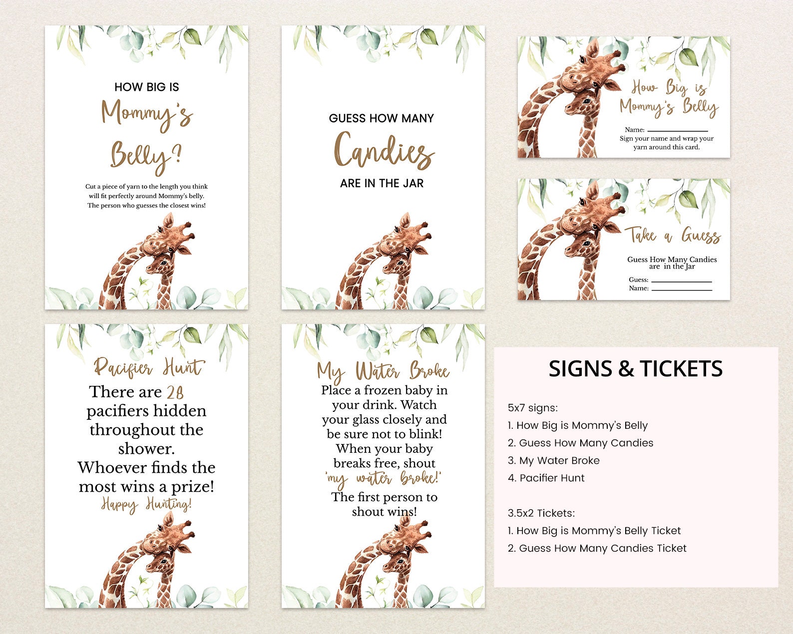 Editable Giraffe Baby Shower Game Bundle Greenery Giraffe - Etsy