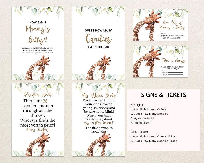 Editable Giraffe Baby Shower Game Bundle Greenery Giraffe - Etsy