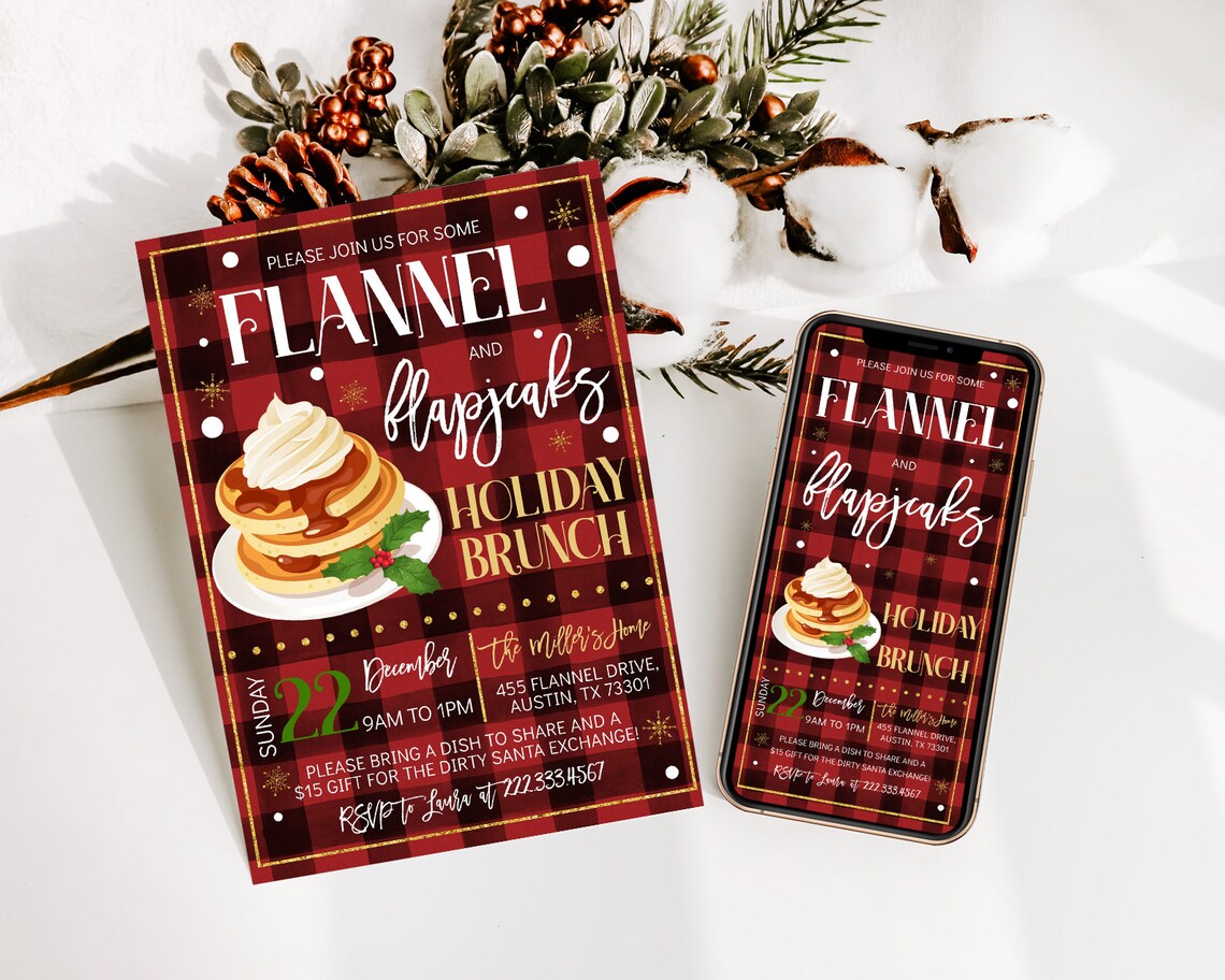 Editable Flannels Flapjacks Christmas Party Invitation, Holiday Brunch ...