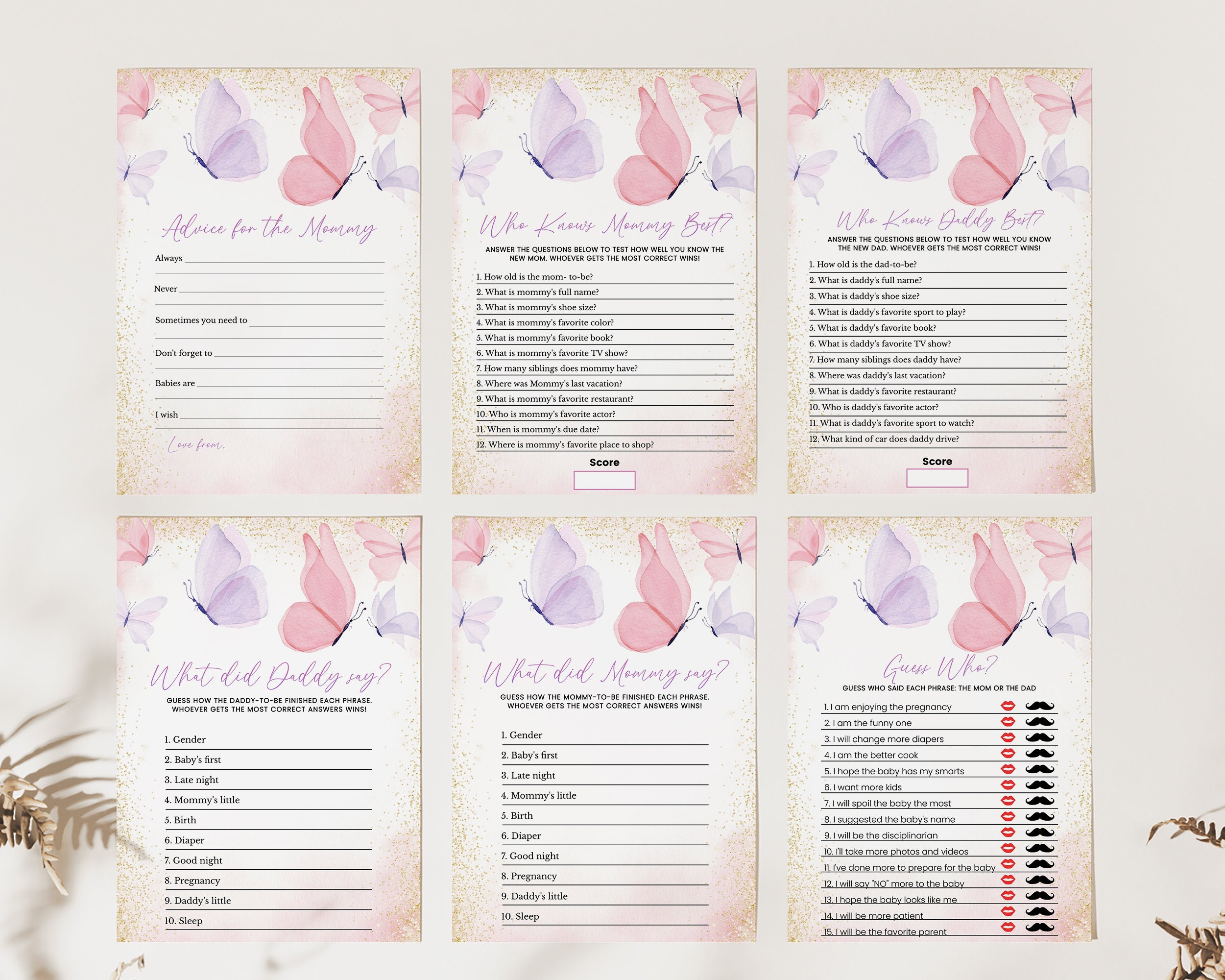 Editable Pink Purple Butterfly Baby Shower Game Bundle, Pastel Girl ...