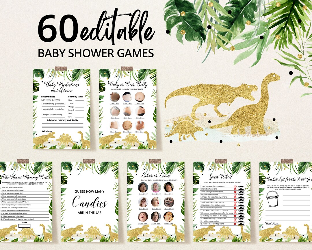 Editable Greenery Dinosaur Baby Shower Game Bundle, Dinosaur Baby ...