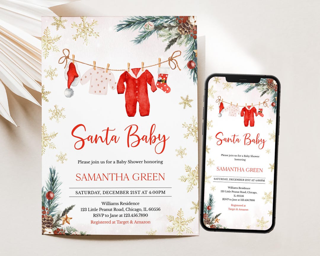 Editable Santa Baby Gender Neutral Baby Shower Invitation, Clothes Line ...