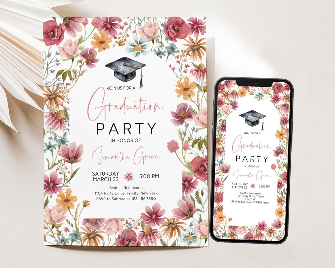 Editable Wildflower Graduation Party Invitation, Spring Graduation ...