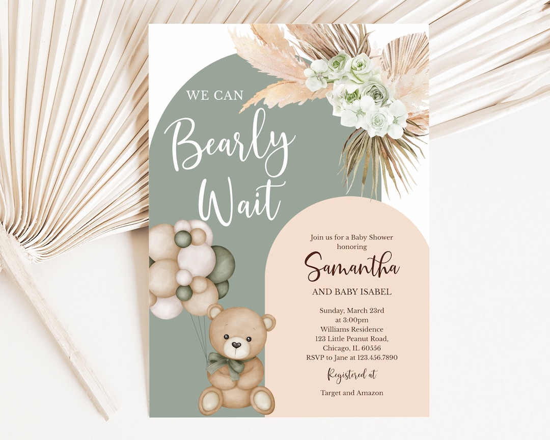 Editable We Can Bearly Wait Baby Shower Invitation, Green Bear Balloon Baby Shower Invite ...