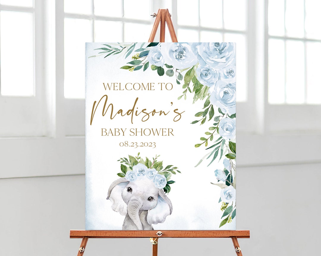 Editable Boy Elephant Baby Shower Welcome Sign, Blue Elephant Baby ...