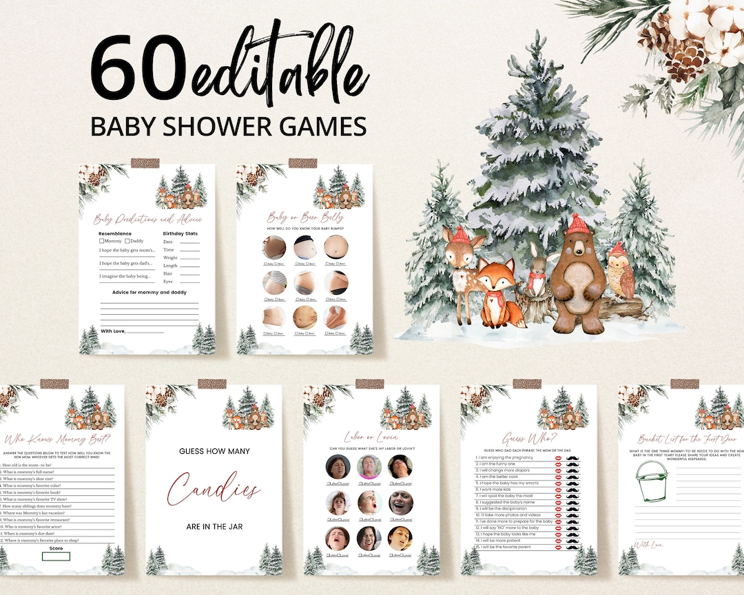 Editable Winter Woodland Baby Shower Game Bundle, Pine Trees Winter ...
