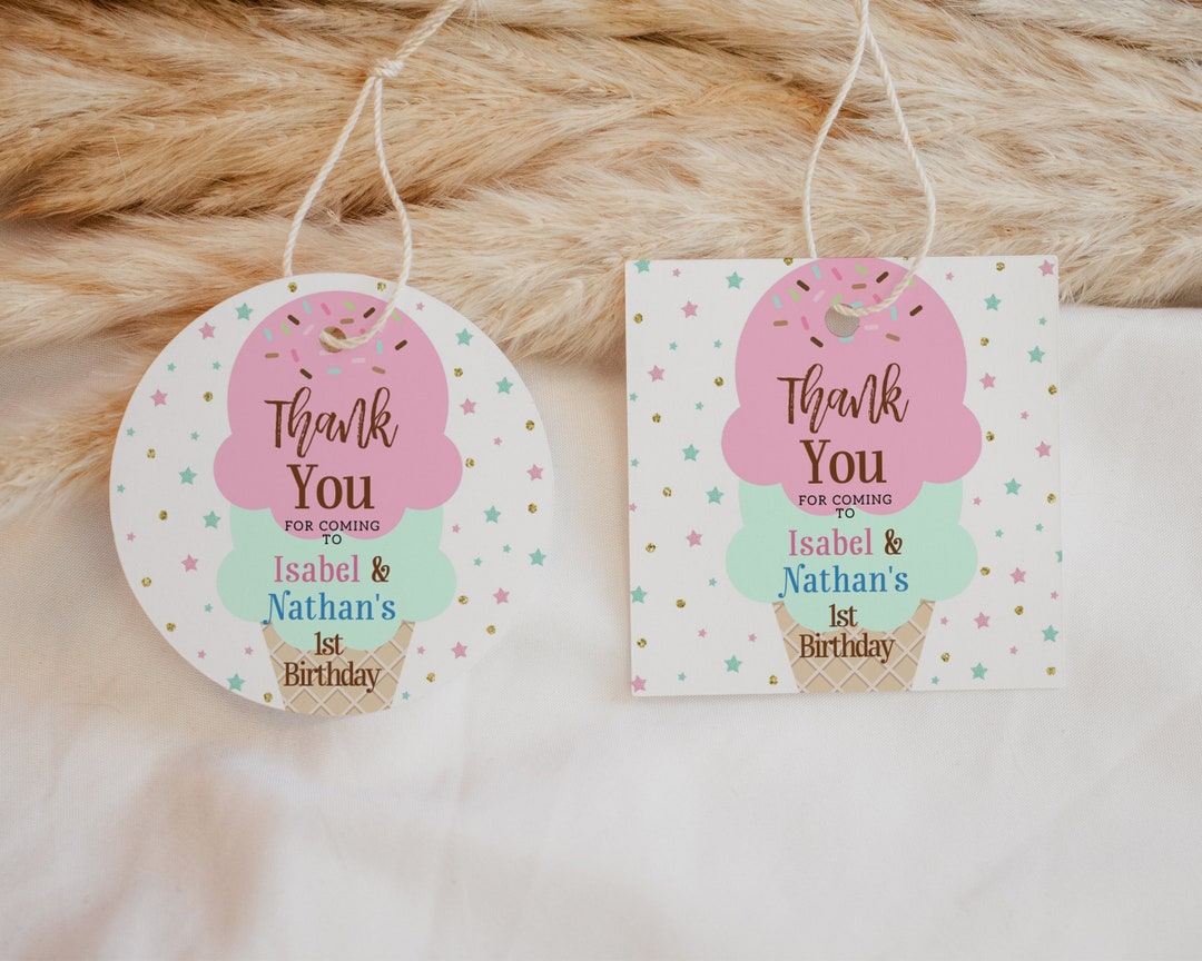 Editable Two Scoops Better One Twin Birthday Favor Tag, Pink Ice Cream ...