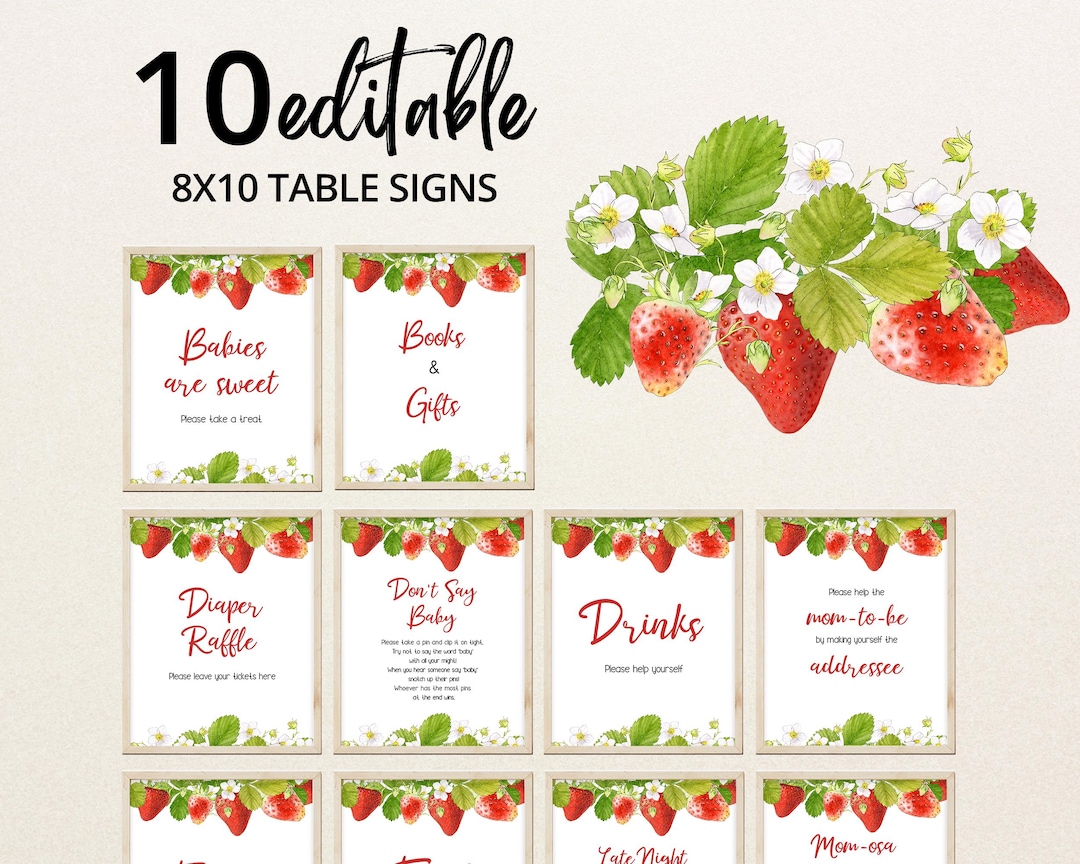 Editable Strawberry Baby Shower Table Sign, Greenery Strawberry Babies ...