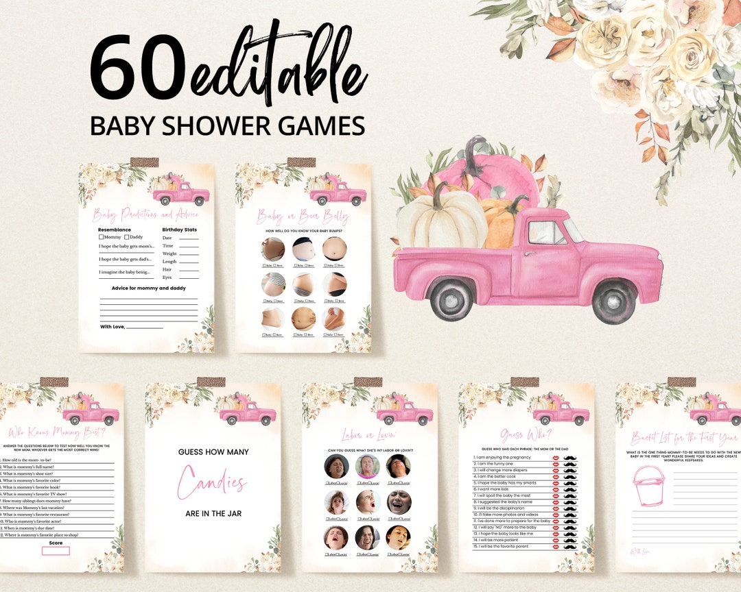 Editable Fall Pumpkin Truck Baby Shower Game Bundle, Pink Pumpkin Truck ...