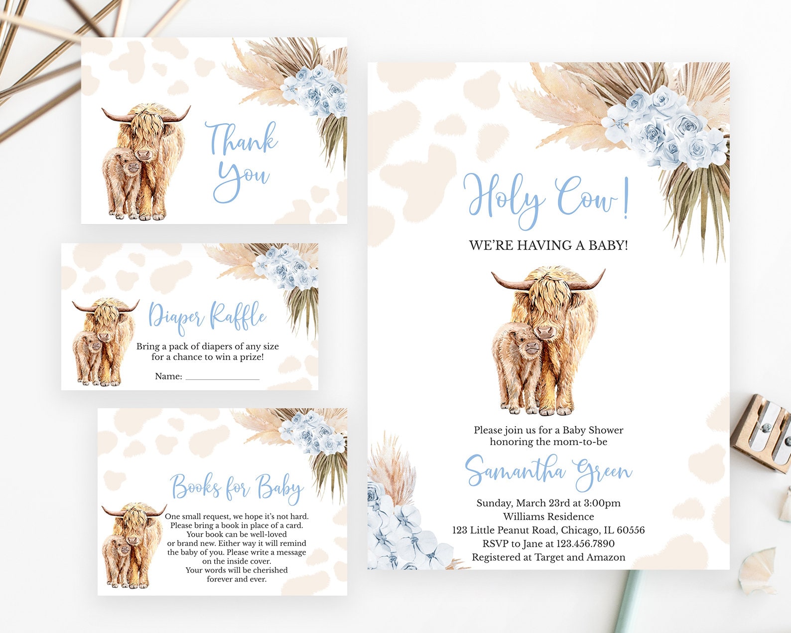 Editable Holy Cow Baby Shower Invitation Bundle, Boy Highland Cow Baby ...