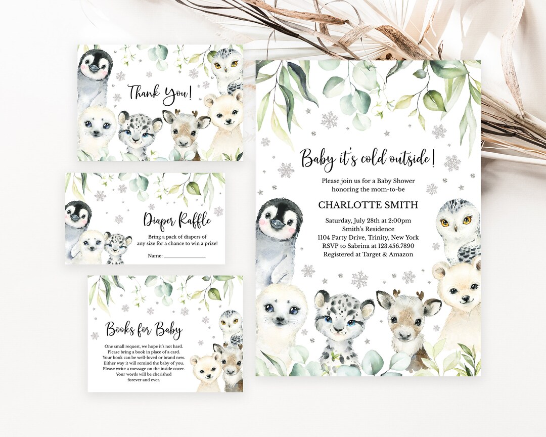 Editable Winter Arctic Animals Baby Shower Invitation Bundle, Greenery ...