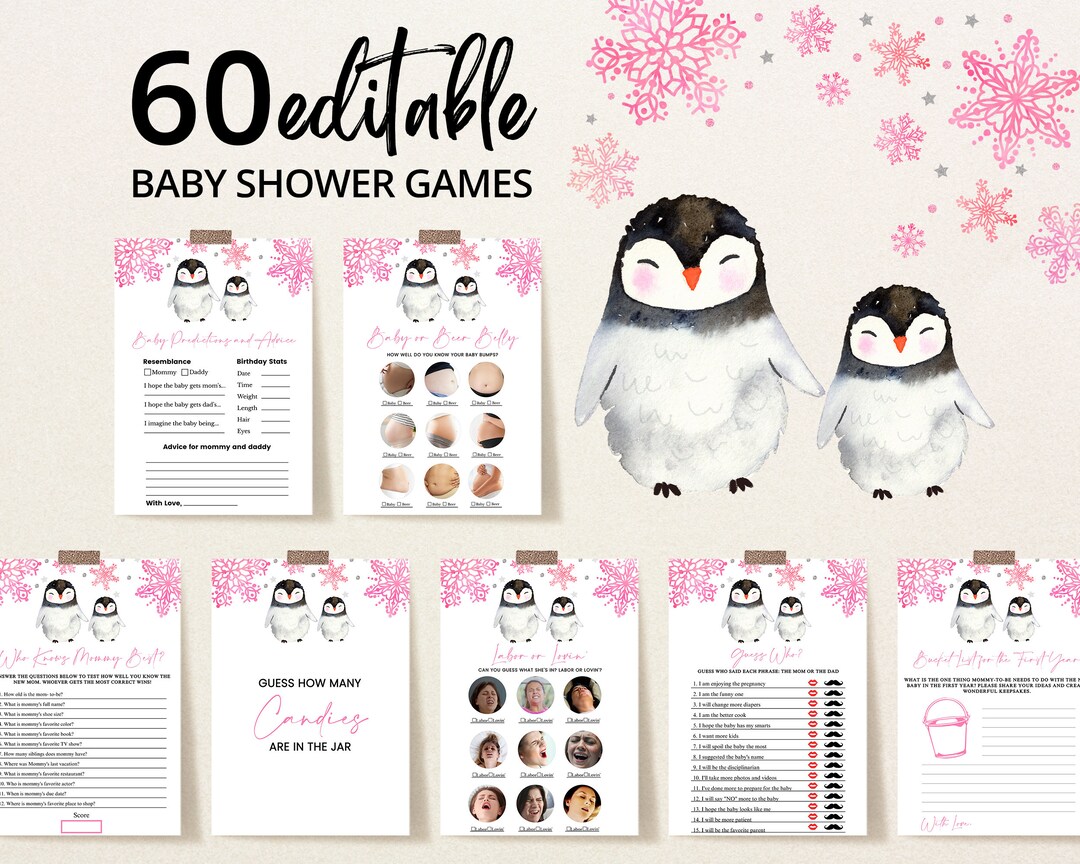 Editable Winter Penguin Baby Shower Game Bundle, Pink Snowflakes ...