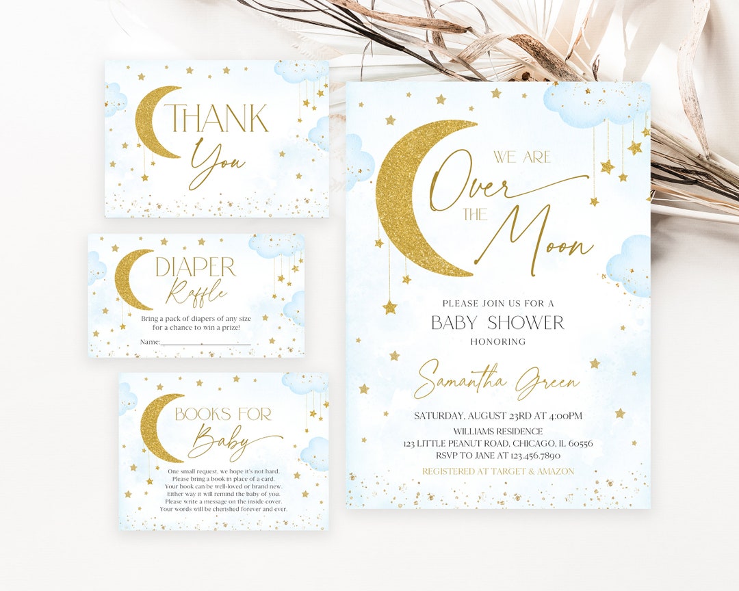 Editable Blue We Are Over the Moon Baby Shower Invitation Pack, Twinkle ...