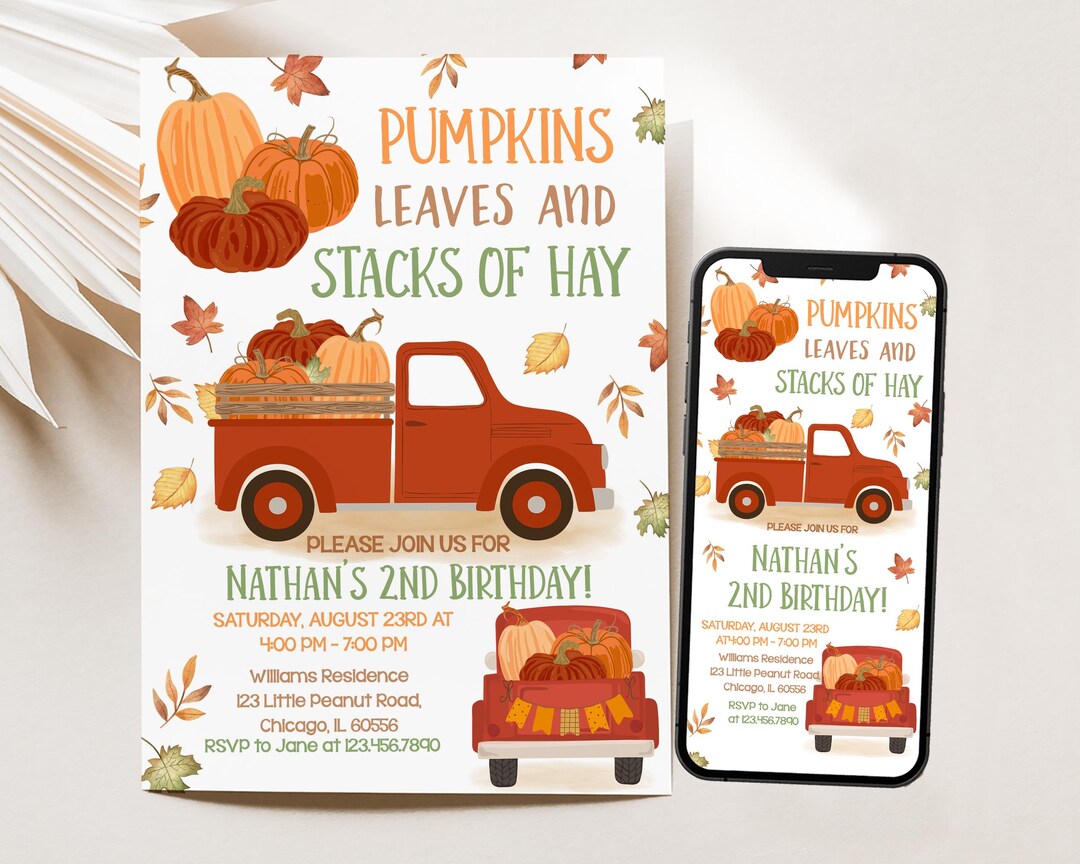 Editable Pumpkins Leaves and Stacks of Hay Birthday Invitation, Boy ...