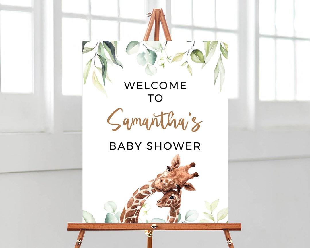 Editable Giraffe Baby Shower Welcome Sign, Greenery Giraffe Baby Shower ...