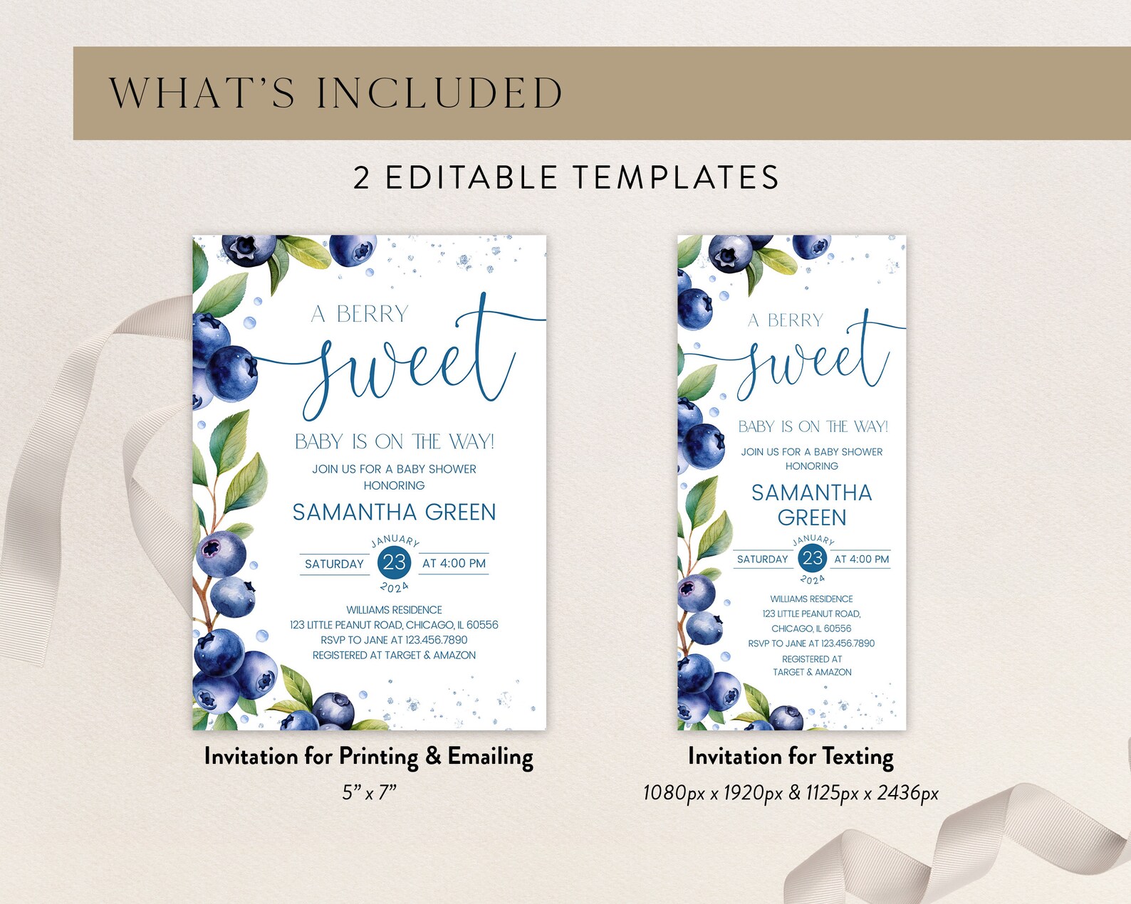 Editable Blueberry Baby Shower Invitation Bundle, Berry Sweet Blueberry ...