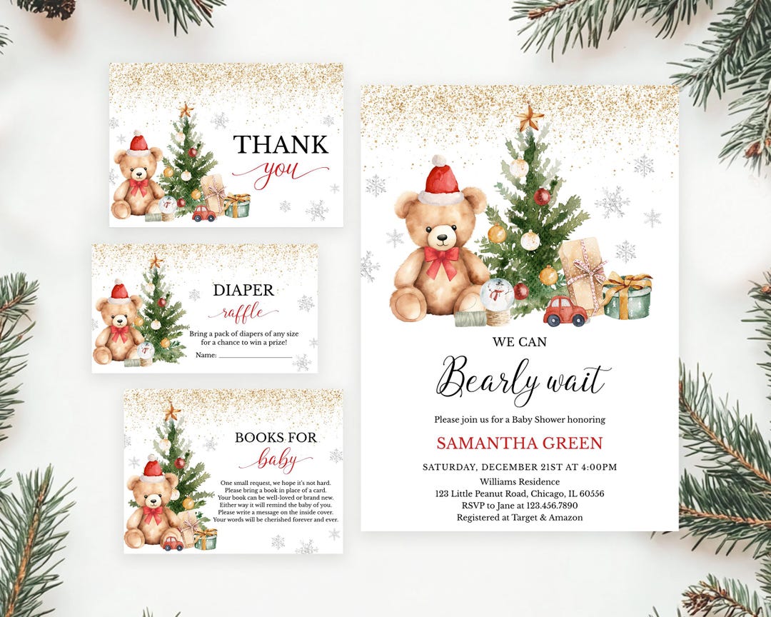 Editable We Can Bearly Wait Christmas Baby Shower Invitation Bundle ...