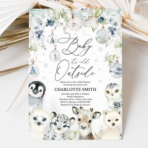 Editable Winter Arctic Animals Baby Shower Invitation Bundle, Greenery ...