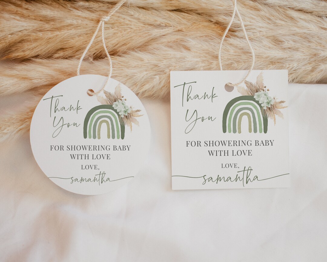 Editable Boho Rainbow Baby Shower Favor Tag, Neutral Sage Green Rainbow ...