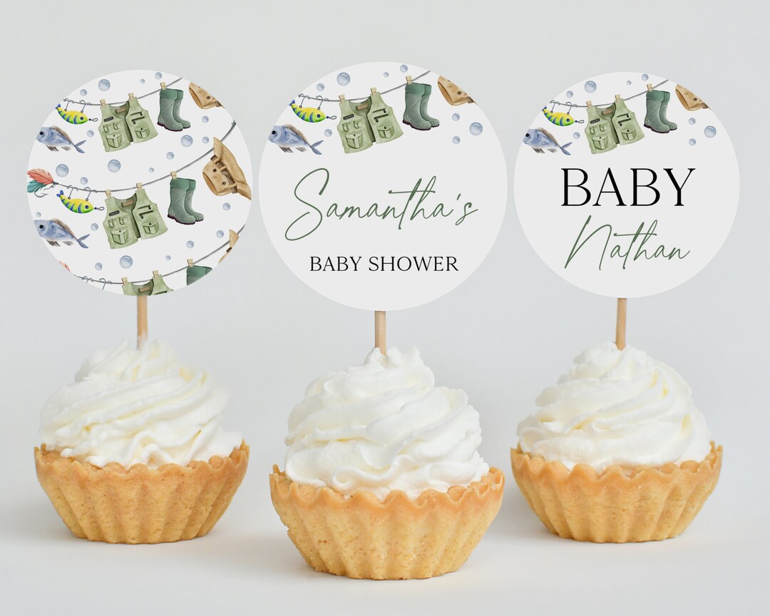 Editable A Little Fisherman Baby Shower Cupcake Topper, Boy Fishing ...