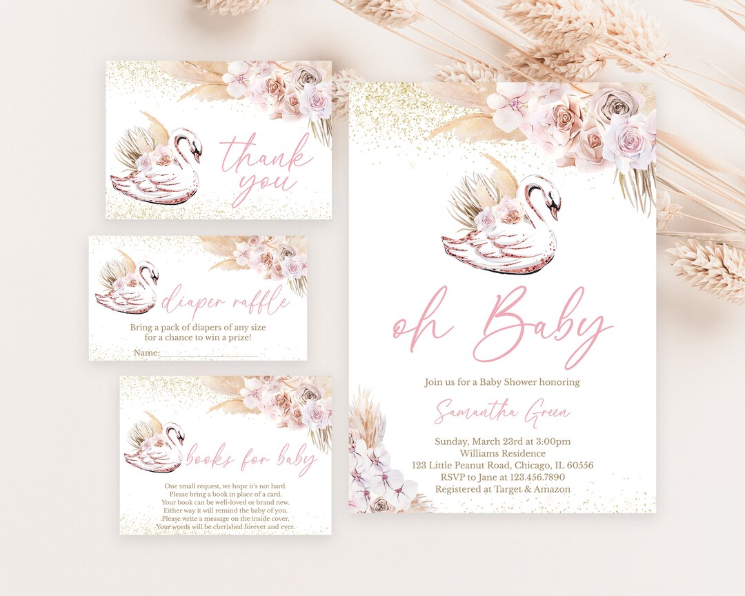 Editable Boho Pink Swan Baby Shower Invitation Bundle, Oh Baby Swan ...
