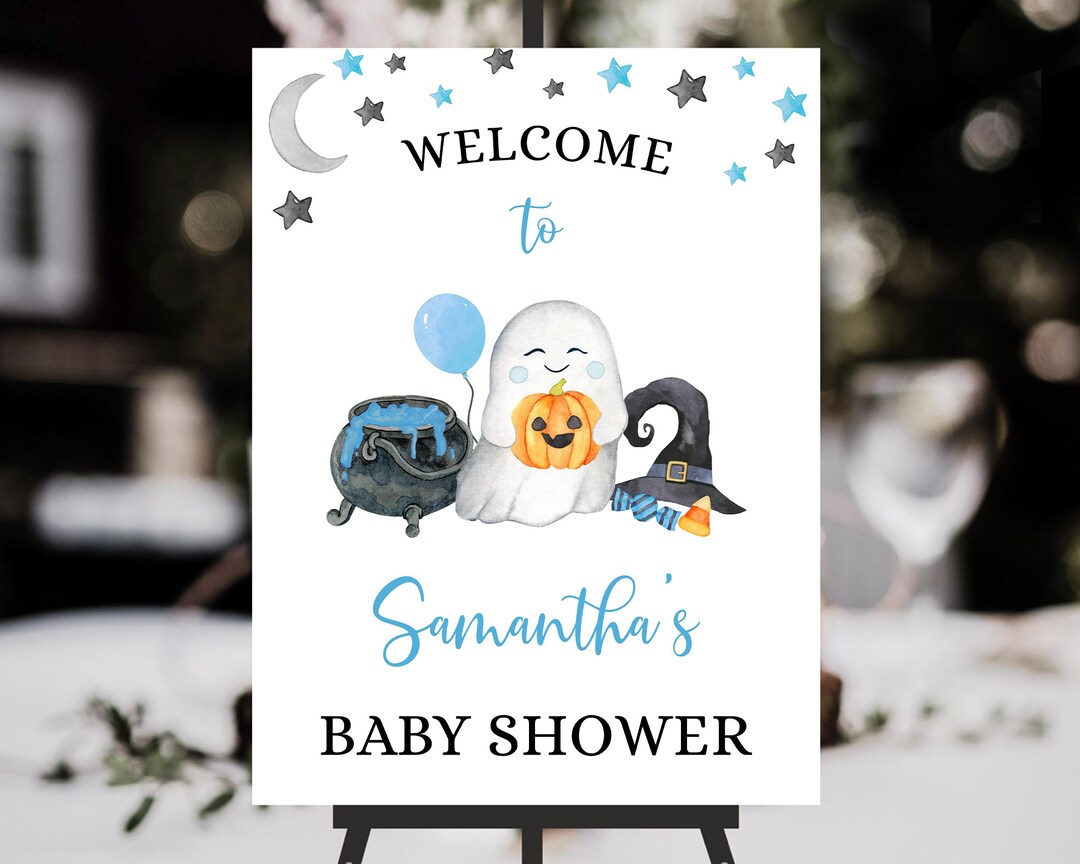 Editable Blue A Little Boo Baby Shower Welcome Sign, Boy Halloween Baby ...