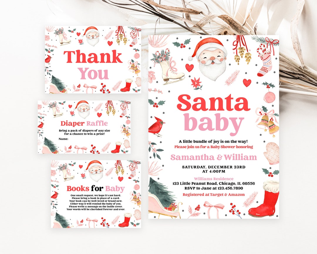 Editable Girl Santa Baby Baby Shower Invitation Bundle, Girl Christmas ...