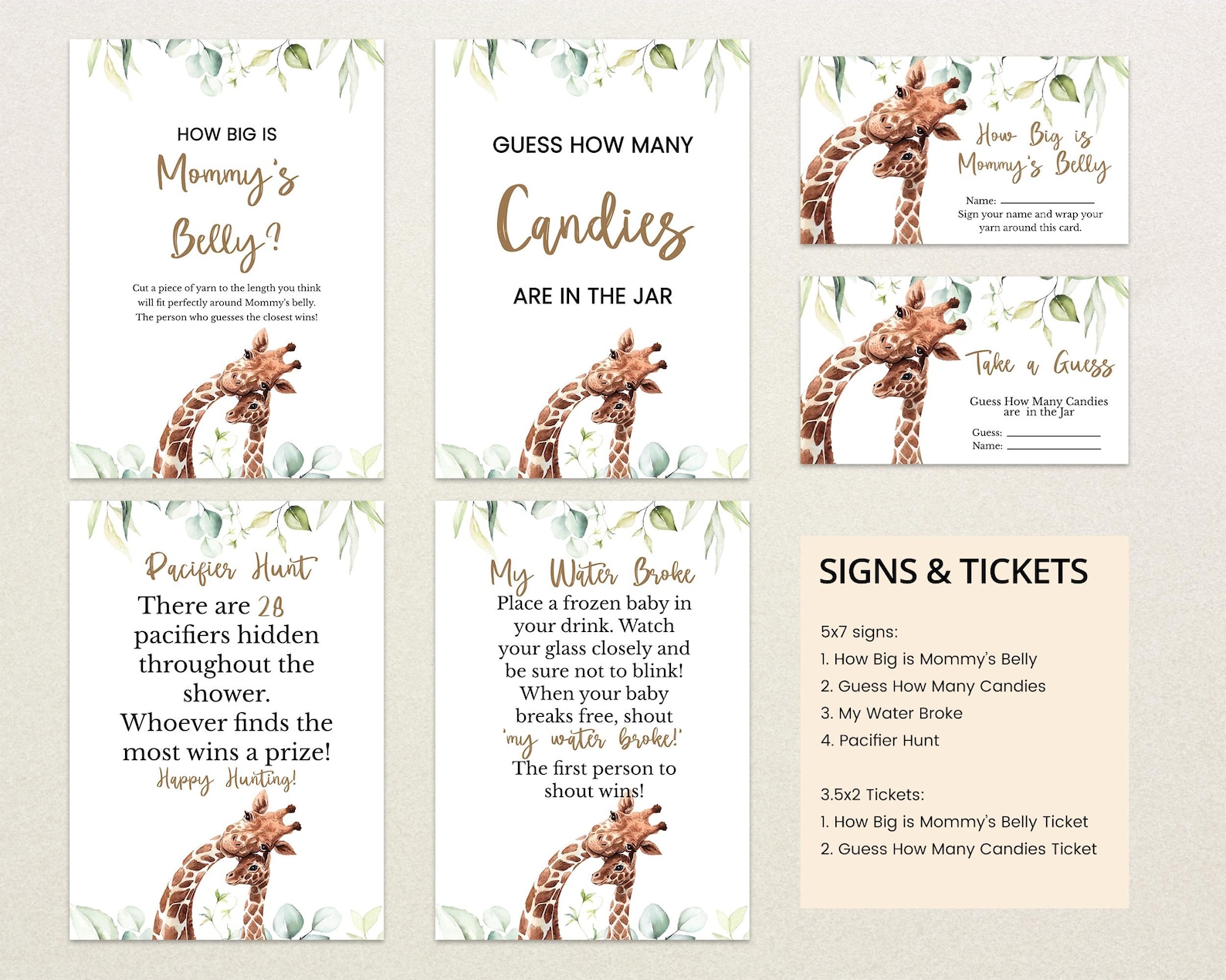 Editable Giraffe Baby Shower Game Bundle, Greenery Giraffe Baby Shower ...