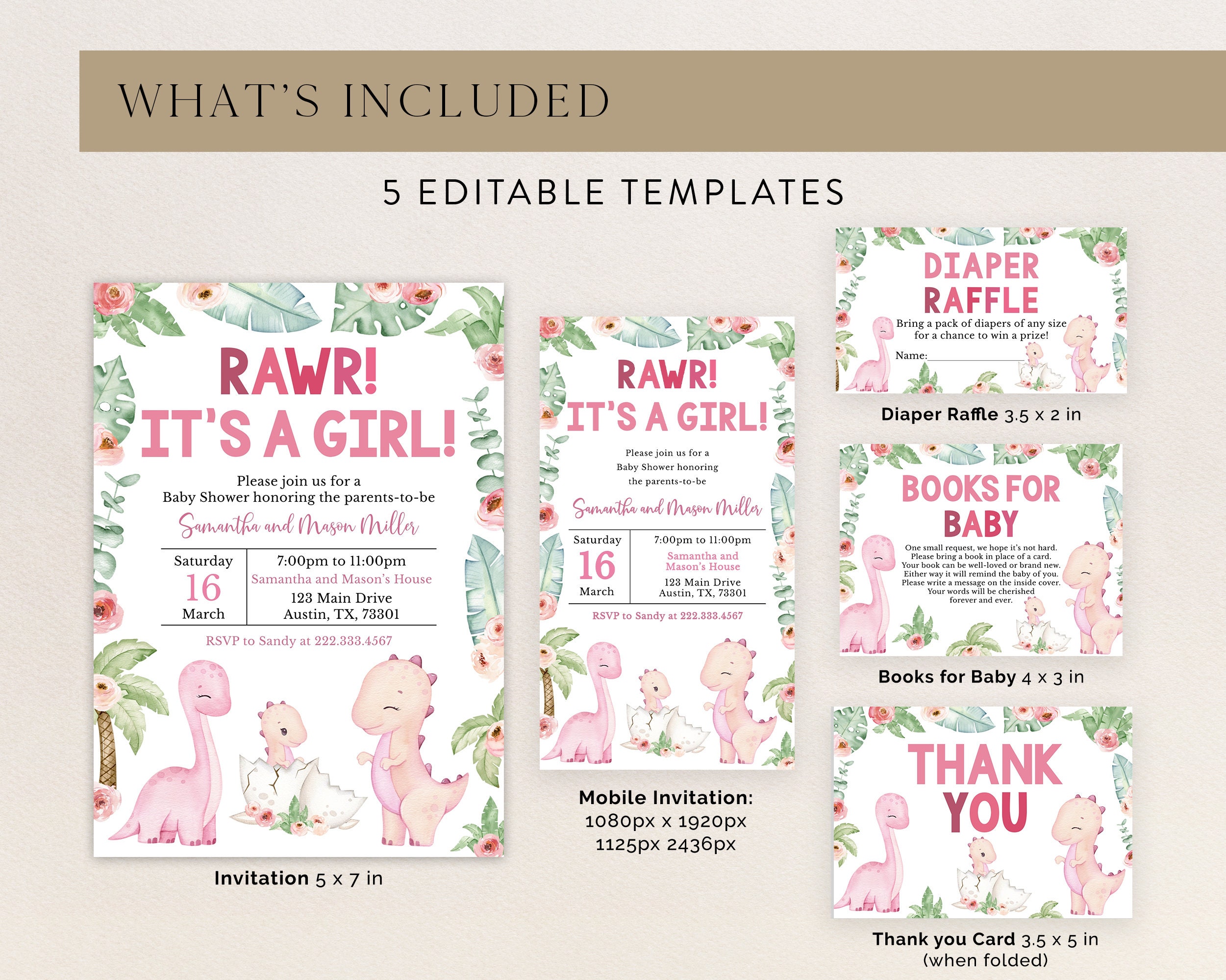 Editable Girl Dinosaur Baby Shower Invitation Bundle, It's a Girl ...