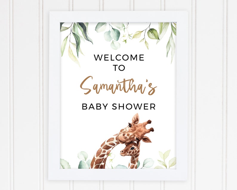 Editable Giraffe Baby Shower Welcome Sign, Greenery Giraffe Baby Shower ...