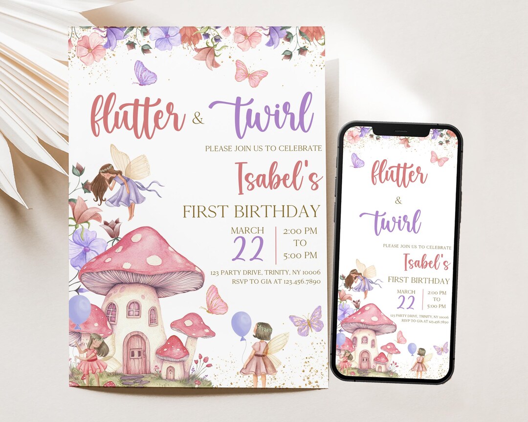 Editable Pink Purple Flutter and Twirl Little Fairy Birthday Invitation ...