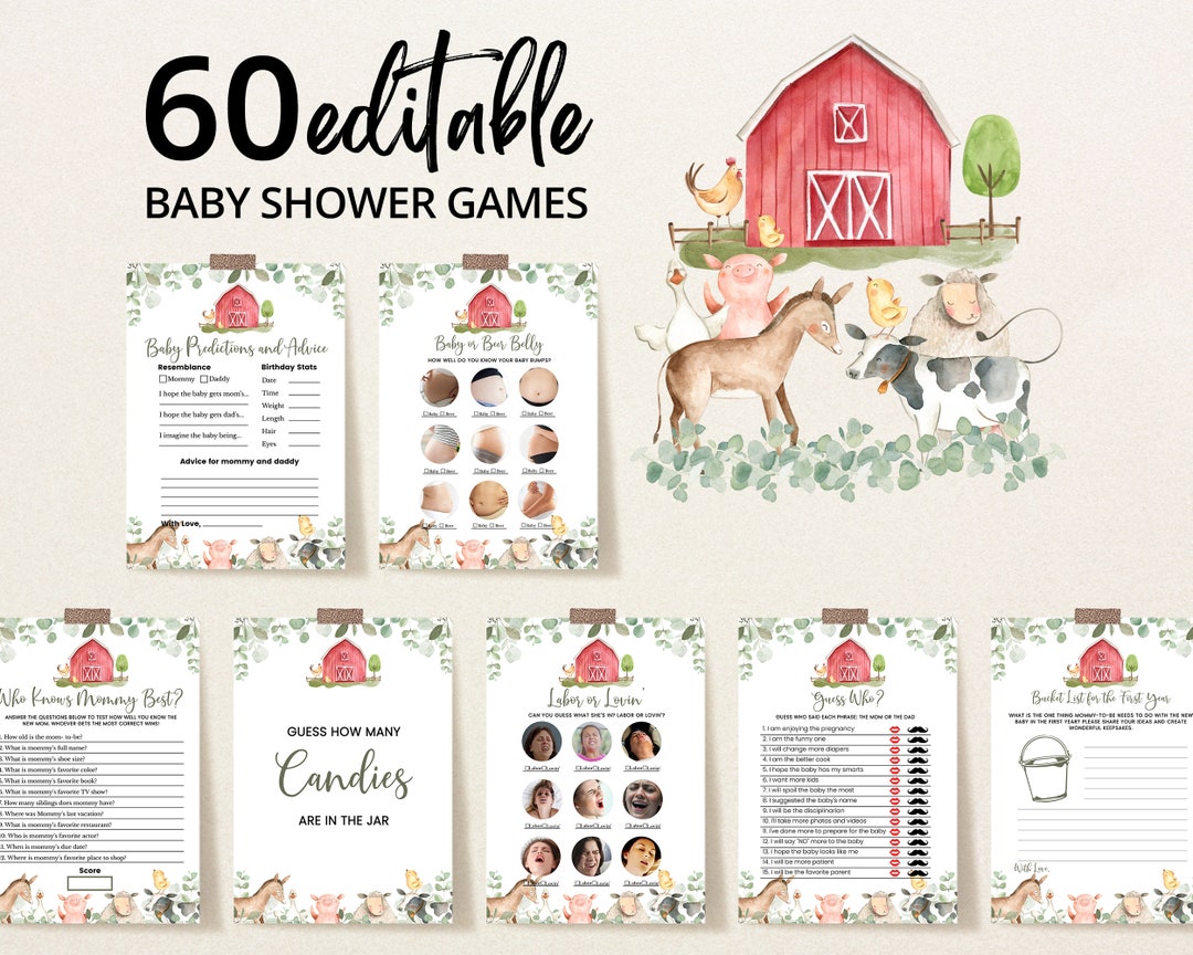 Editable Boy Farm Baby Shower Game Bundle, Greenery Farm Baby Shower ...