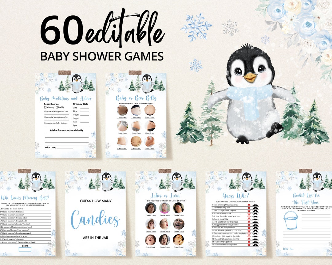 Editable Blue Winter Penguin Baby Shower Game Bundle, Baby It's Cold ...