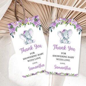 Editable Purple Elephant Baby Shower Favor Tag, Girl Elephant Baby ...