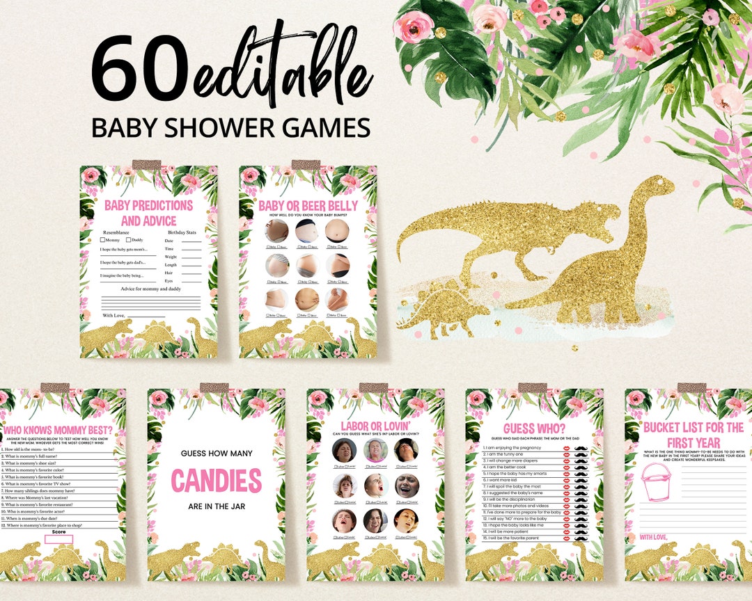 Editable Girl Dinosaur Baby Shower Game Bundle, Pink Gold Dinosaur Baby ...