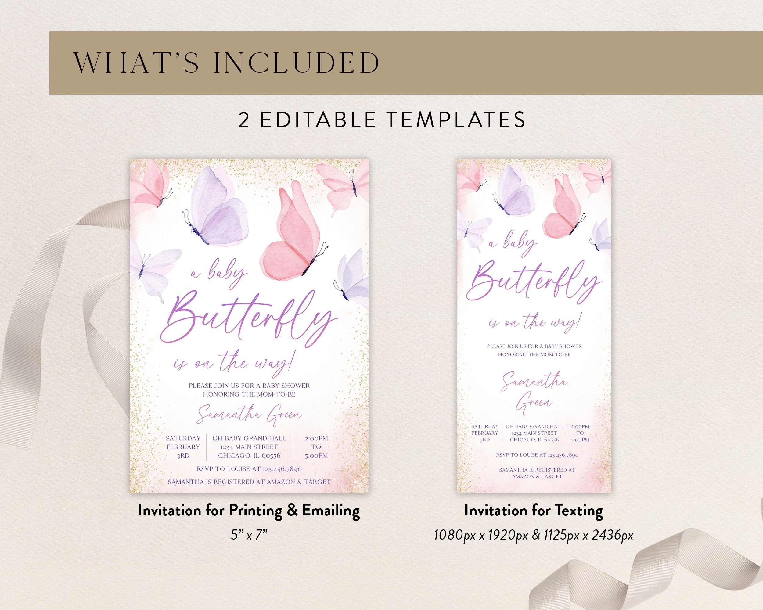 Editable Pink Purple Butterfly Baby Shower Invitation Bundle, Pastel ...